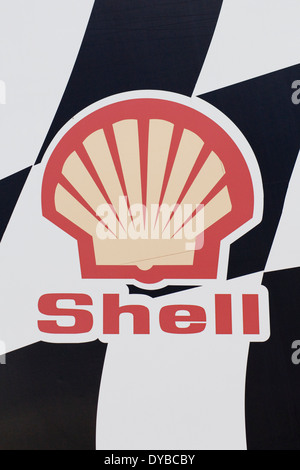The Shell logo on branding on a petrol station forecourt in England, UK ...