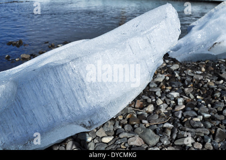 Summer, glaciers, ice. Riverbed Yakut rivers ice does not melt even in ...
