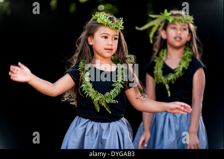 Hawaiian children young girls hula dancers at Paniolo Parade during ...