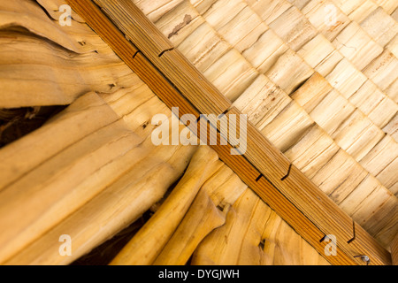 Closeup of round thatched roof hut showing structure of woven palm ...
