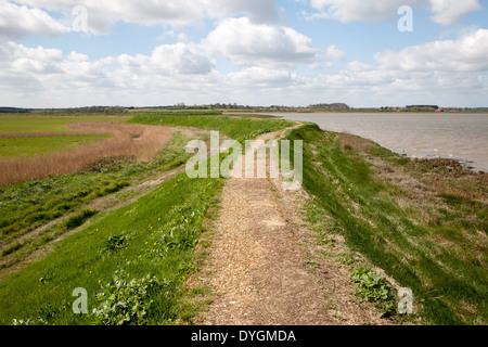 Flood defence embankment wall River Alde, Aldeburgh, Suffolk, England ...