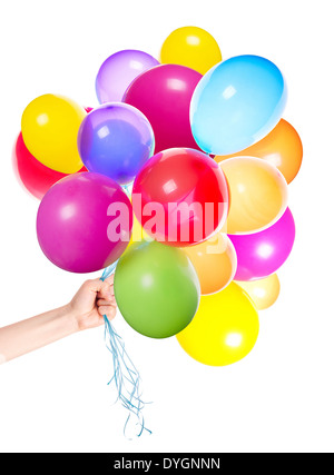 human hand gives flying balloons isolated. Holiday background Stock ...