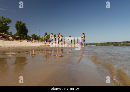 Strand beach and sloboda bridge. Danube river, Novi Sad, Serbia, Europe ...