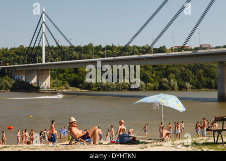 Strand beach and sloboda bridge. Danube river, Novi Sad, Serbia, Europe ...