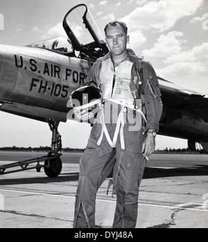 Lin Hendrix stands next to the Republic F-105, a fighter-bomber ...