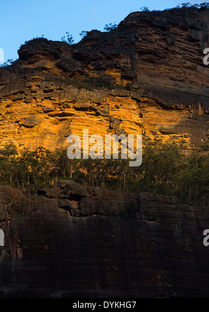 Sandstone escarpment in warm evening sunlight, Wollemi National Park ...
