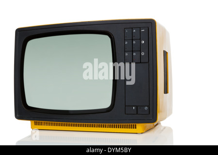Yellow retro television isolated on color background with copy space ...