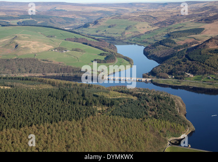 Aerial view of Ladybower Reservoir with scenic countryside and blue sky ...