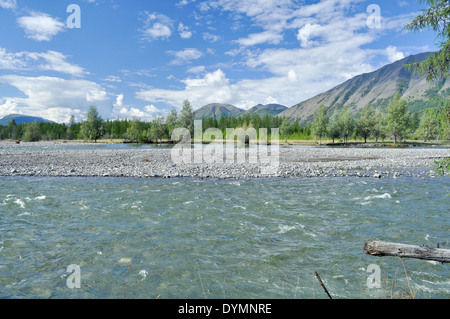 The valley of the mountain river Suntar. Landscape wildlife. Russia ...