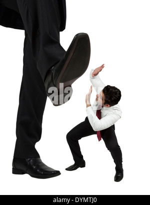 Employee is afraid of the big boss foot, which is stepping down him ...