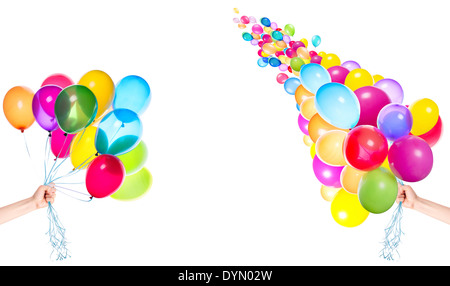human hand gives flying balloons isolated. Holiday background Stock ...