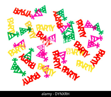 Party hats and confetti on red background Stock Photo - Alamy