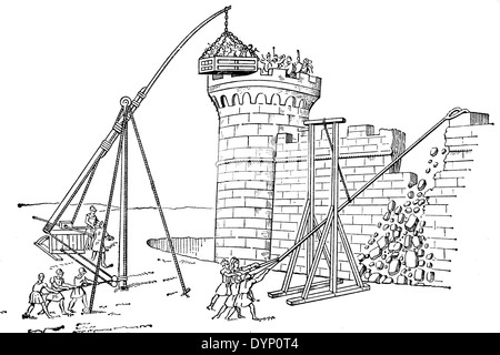 military, machinery of war, siege tower with drawbridge, wood engraving ...