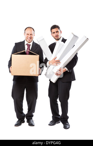 Businessman struggling to carry some heavy boxes isoalted on white ...