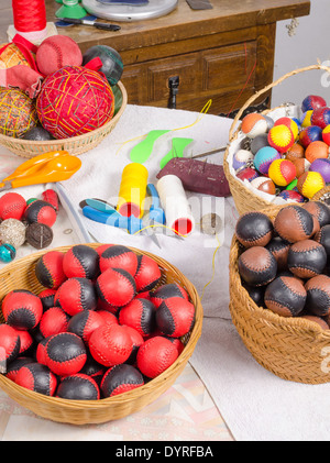 Assorted handcrafted leather balls as used for traditional Spanish ...