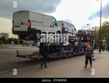 Paris, France, New French Cars Delivery on Truck on Street, Brand new ...