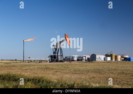 An oil production pumper and flaring gas in the Bakken field near ...