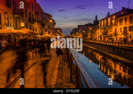 Naviglio Grande canal night life with restaurant and bars in Milan ...