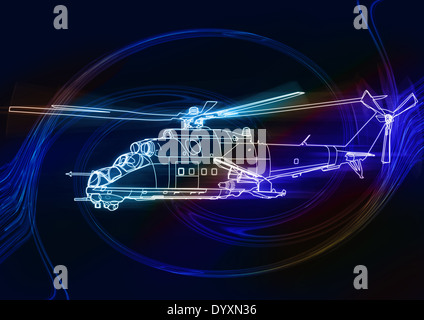 Military helicopter. 3D wire-frame model on a black sky background ...
