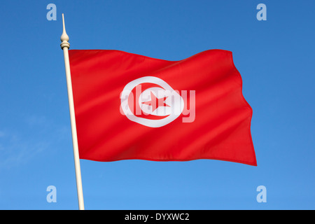 Tunisia flag, red crescent moon and red star shape in a white circle ...
