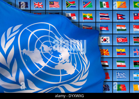 The flag of the United Nations on a background of international flags ...