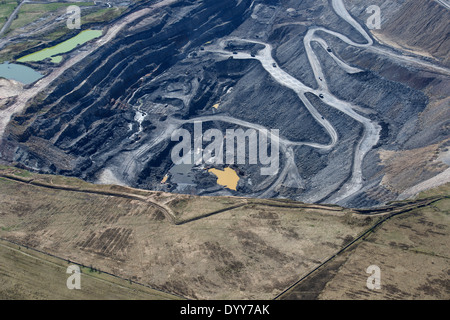 Aerial view of open cast coal mine near Merthyr Tydfil South Wales UK ...