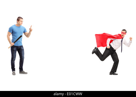 Frightened scared man running from cruel monsters attacking business ...