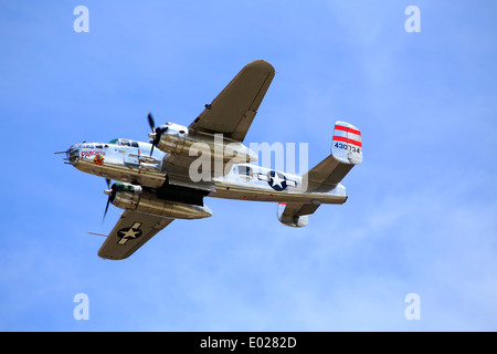 A WW2 WWII world war two B-25 Mitchell Bomber aircraft in flight with ...
