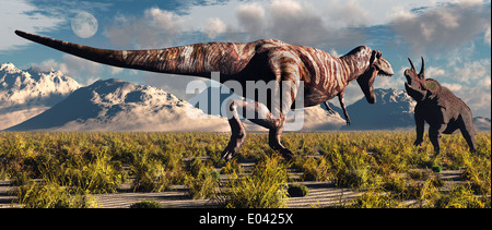 A tyrannosaurus rex or T Rex and triceratops dinosaur fight scene ...