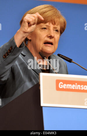 Frankfurt. 30th Apr, 2014. Angela Merkel gestures during her speech at ...