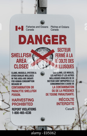 Danger shellfish area closed sign on the beach by Pendlebury Lighthouse ...