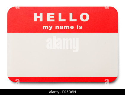 Red Hello my name is name tag blank template. Front view, 3D rendering ...