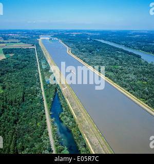 Aerial view of Grand Canal d'Alsace channelling upper Rhine river ...