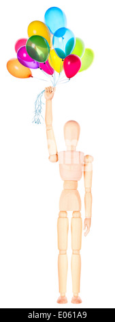 wooden Dummy holding flying balloons Isolated Over White Background ...