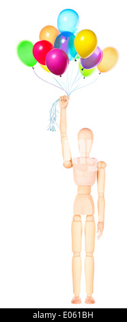 wooden Dummy holding flying balloons Isolated Over White Background ...