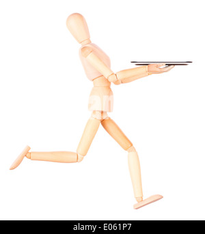 wooden Dummy waiter with empty silver tray Isolated Over White ...