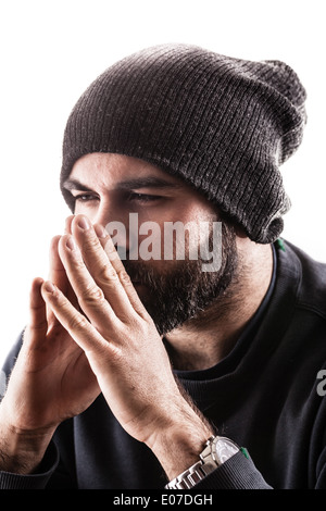 Hungry black hip hop rapper in chefs hat mixing a cake in a bowl with a ...