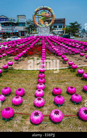 Colourful lanterns around the King Seong statue, Buyeo, South Korea ...