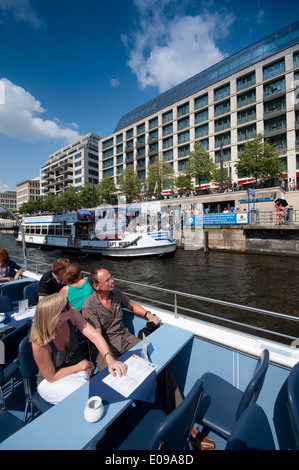 Tour boat on Spree River and television tower, Berlin, Germany Stock ...