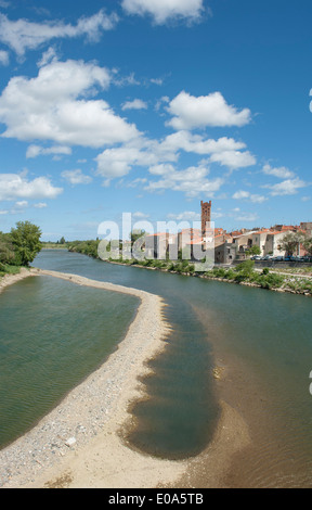 Town skyline of Rivesaltes at the banks of Agly river in Roussillon ...