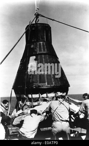 This image shows astronaut Wally Schirra with the Sigma 7 spacecraft ...