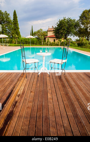 Tuscany, vacation home, swimming pool, view of San Gimignano, fog Stock ...