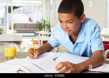 Boy is doing his homework in the kitchen Stock Photo - Alamy