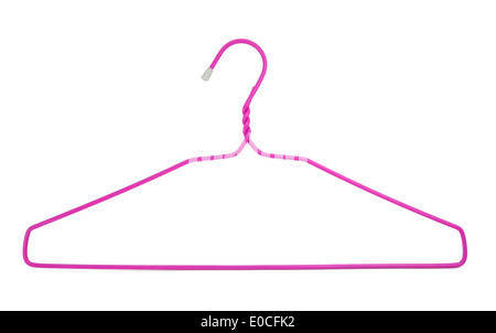 Pink T-shirt on wire hanger hanging from metal hook in row of clothes ...