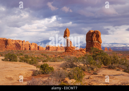 Balanced Rock and the La Sal Mountains, at sunset, Arches National Park ...