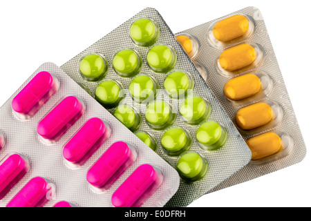 Coloured tablets in Blisterverpackung, symbolic photo for remedy and ...