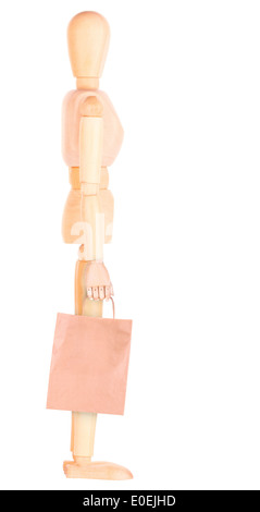 happy wooden Dummy with shopping bags isolated Stock Photo - Alamy