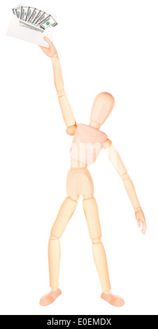 wooden Dummy with envelope full of money Isolated on a white backgrond ...