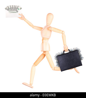 wooden Dummy with case and envelope full of money Isolated on a white ...