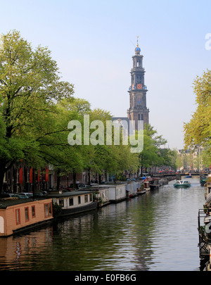 Springtime at Prinsengracht canal with the 17th century Westerkerk in ...